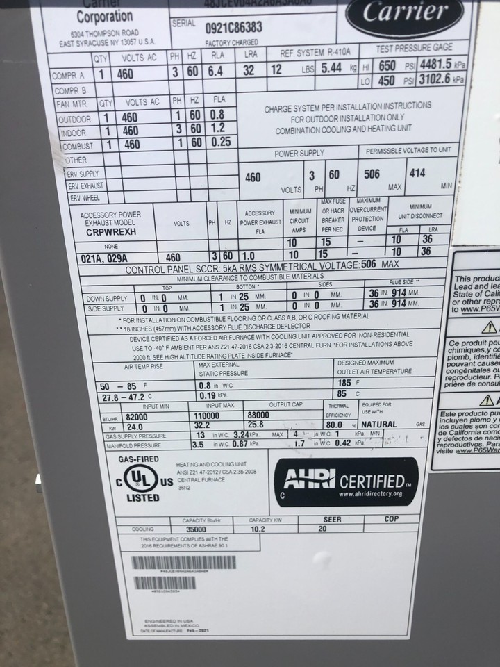 Carrier 3 Ton HVAC 48JCEV04A2A6A3A0A0 (Heat & Cooling) 460-3; 2021 Unit ...