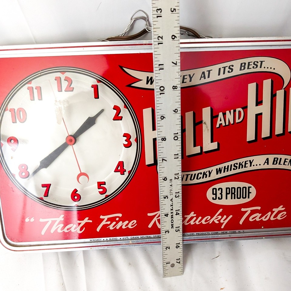 Vtg Hill & Hill Kentucky Whisky Bar Clock Sign Hanging Reverse Painted ...