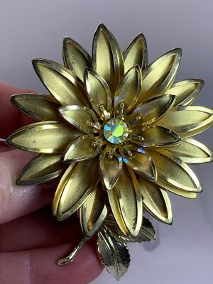 Flower on Stem Daisy Layered Aurora Rhinestones CORO Vintage Gold ...