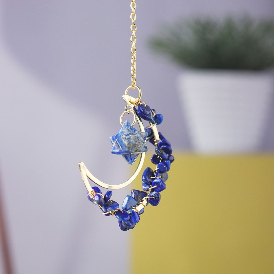 Natural Crystal Merkaba Pendant Moon Shape Stone Chips Wrapped Pendant ...