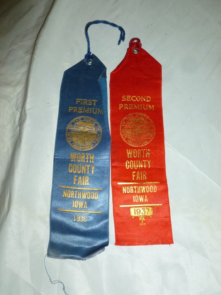 1937 1938 Worth County Fair Ribbons 2 pc Northwood Iowa RARE 1st 2nd ...