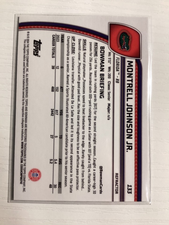 2024 Bowman University Chrome MONTRELL JOHNSON JR. Base REFRACTOR ...