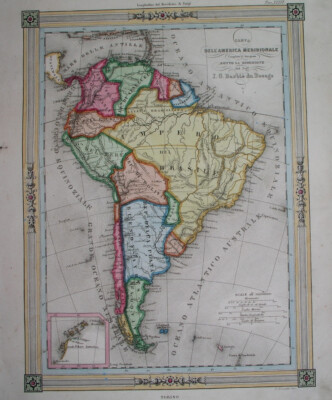 1843 italian ORIGINAL MAP CHILE COLOMBIA ARGENTINA PERU BOLIVIA ECUADOR ...