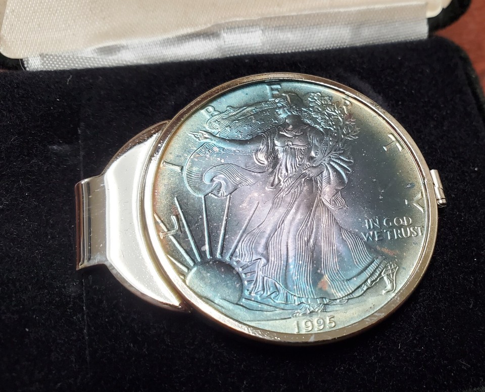 1995 American Silver Eagle Coin Gem Bu Unc Rainbow Toning Money Clip In ...