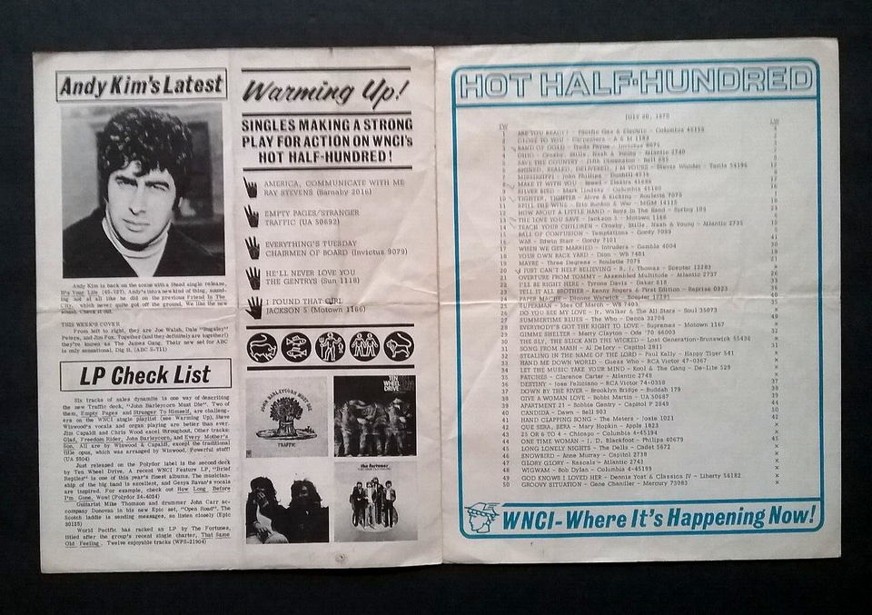 "WNCI" RADIO COLUMBUS OHIO RECORD RAP TOP 50 1970 SURVEY CHART "JAMES ...