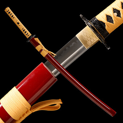 T10 Steel Clay Tempered Real Hamon Japanese Samurai Sword Full Tang Red ...