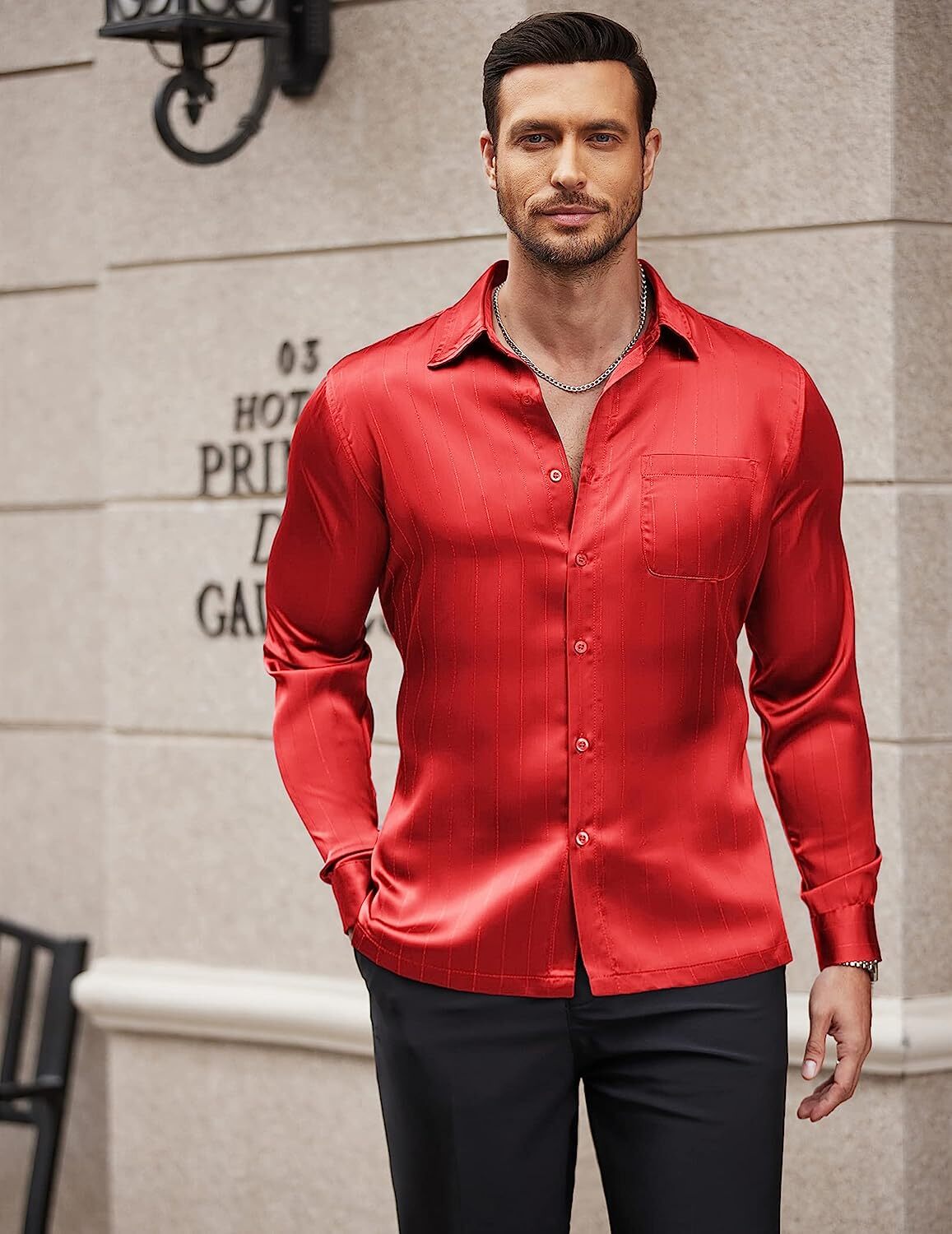 Coofandy Mens Luxury Satin Dress Shirt Shiny Silk Long Sleeve Button