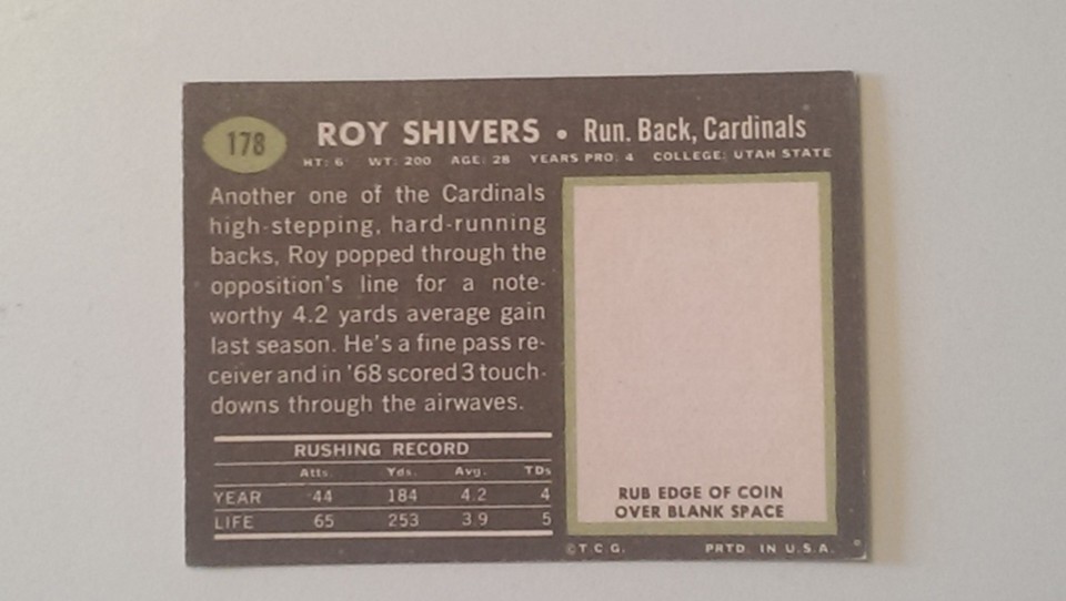 VINTAGE 1969 TOPPS FOOTBALL - Roy Shivers #178 St. Louis Cardinals-MAKE ...