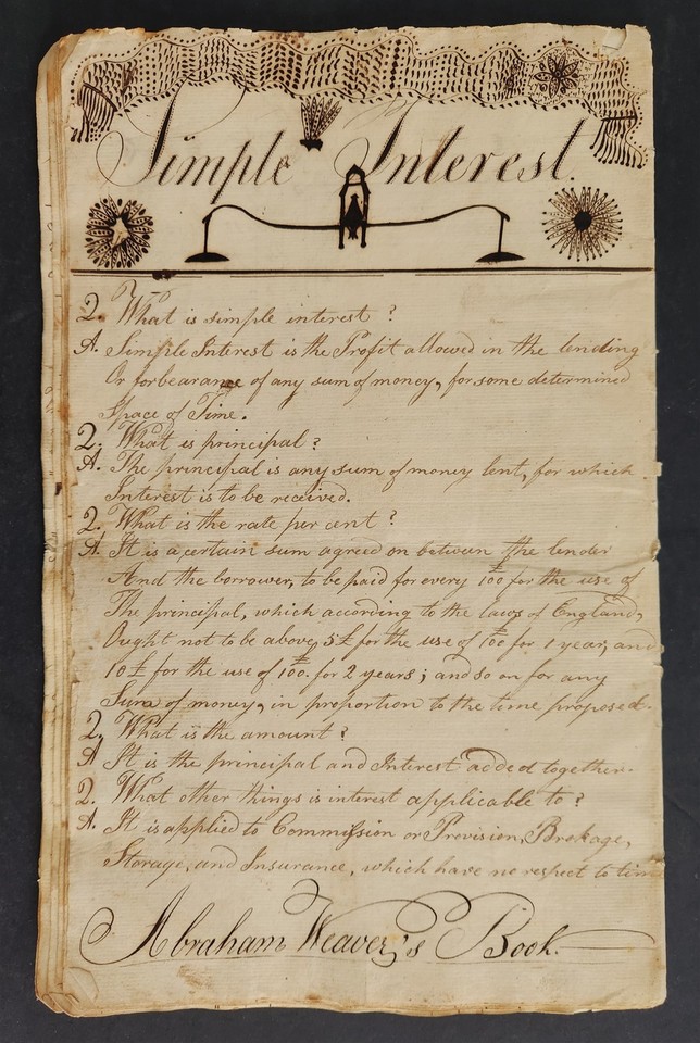 1815 antique MATH CYPHER PENMANSHIP fraktur ABRAHAM WEAVER calligraphy ...