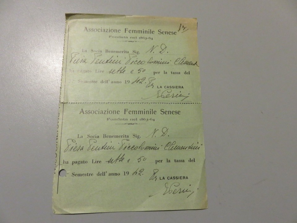 Paper Collectibles 2 Receipts Senese Female Association 1942 | eBay UK