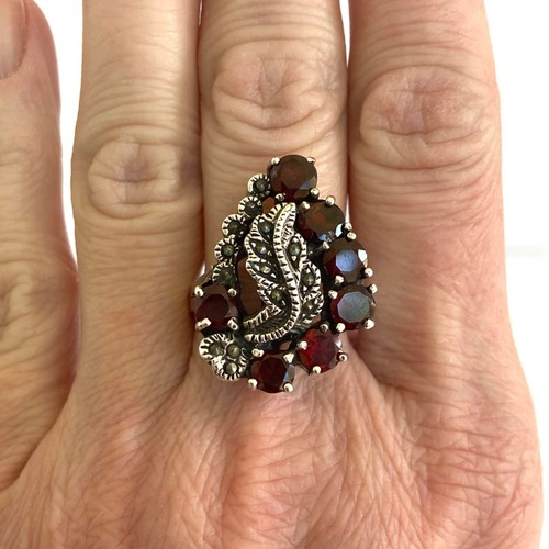 Sterling Silver 925 Round Garnet Marcasite Multi Gemstone Floral Leaf ...