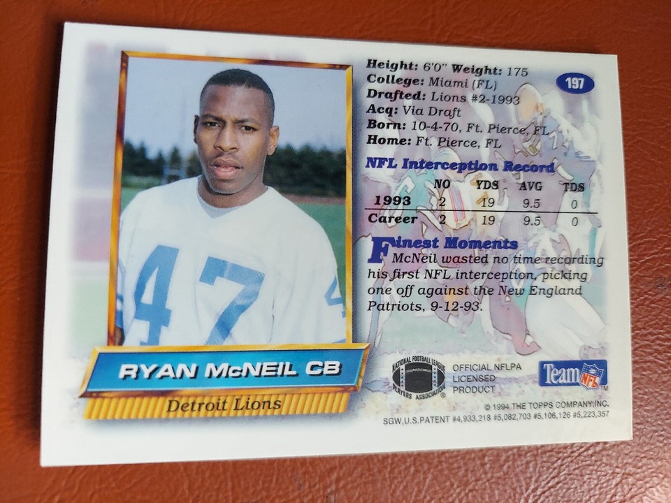RYAN McNEIL 1994 TOPPS FINEST FOOTBALL CARD # 197 | eBay