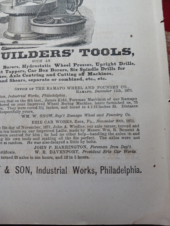 1875 Print Ad WILLIAM BEMENT INDUSTRIAL WORKS Philadelphia railroad Car ...