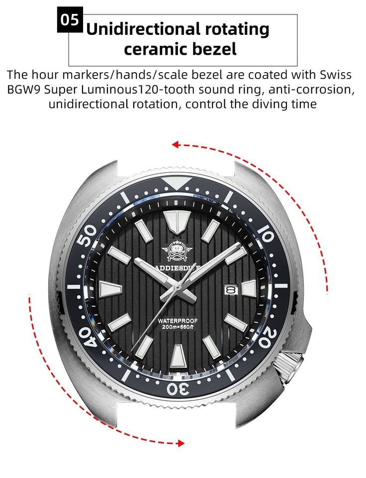 Addiesdive AD2507 Turtle Captain Willard Quartz Watch White Blue Diver ...