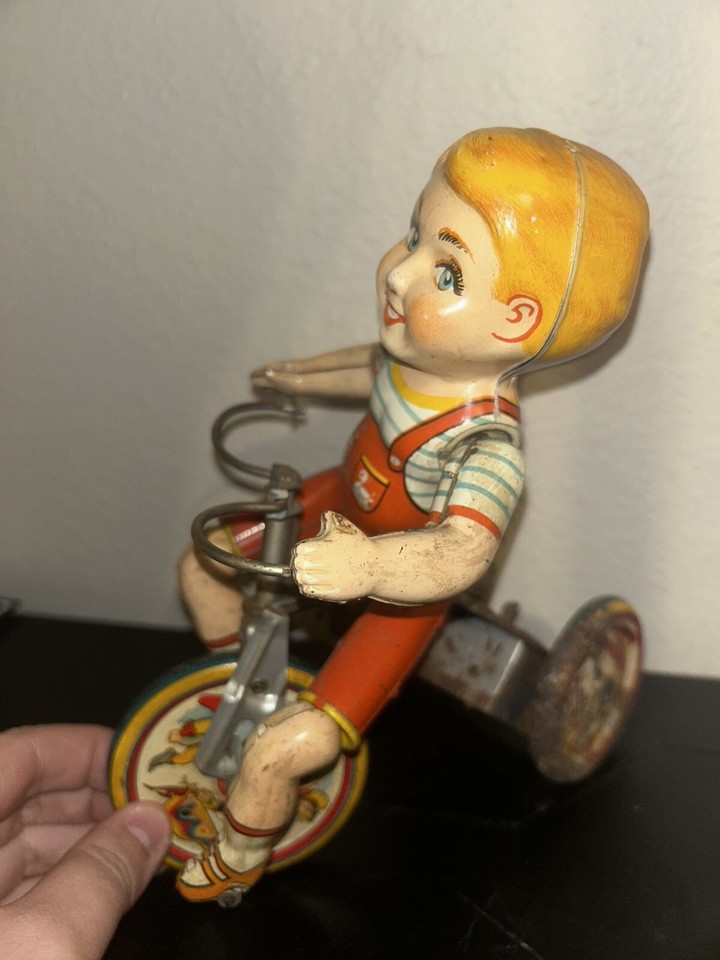 Antique Unique Art Kiddy Kid Cyclist Tin Wind-Up Toy Rare Bike Bicycle ...