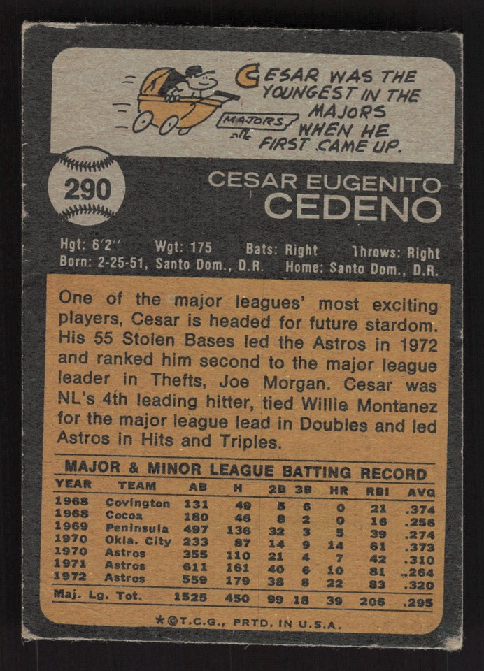 Cesar Cedeno 1973 Topps #290 Houston Astros VG-EX GS {1231 | eBay