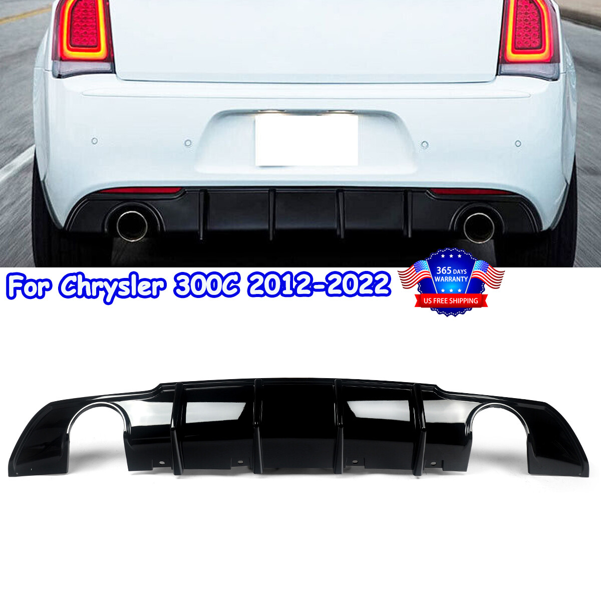 Gloss Black Dual Exhaust Rear Diffuser For 2012-2022 Chrysler 300 SRT ...