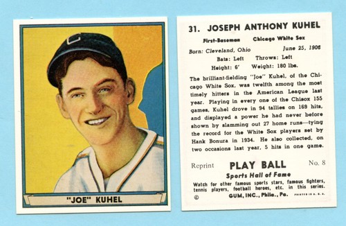 1941 Playball Reprint # 31 Joe Kuhel-- Chicago White Sox | eBay