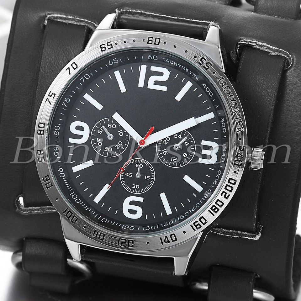 Men's Wide Leather Strap Buckle Sport Quartz Decoration Wrist Watch ...