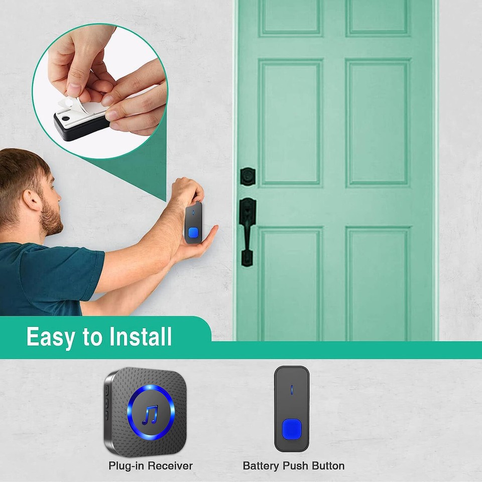 Wireless Doorbell, Waterproof Door Bell Battery Operated at 1,300 Ft ...