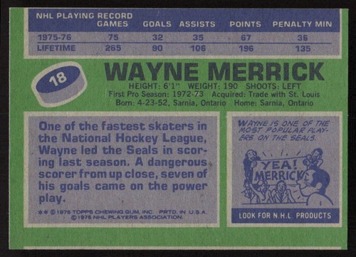 1976-77 Topps #18 Wayne Merrick California Golden Seals EX-EXMINT PACK ...