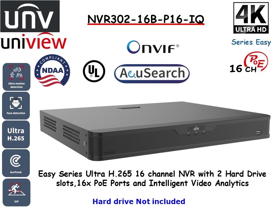 UNV Uniview NVR302-16B-P16-IQ Easy Series Ultra H.265 16CH NVR 16x PoE ...