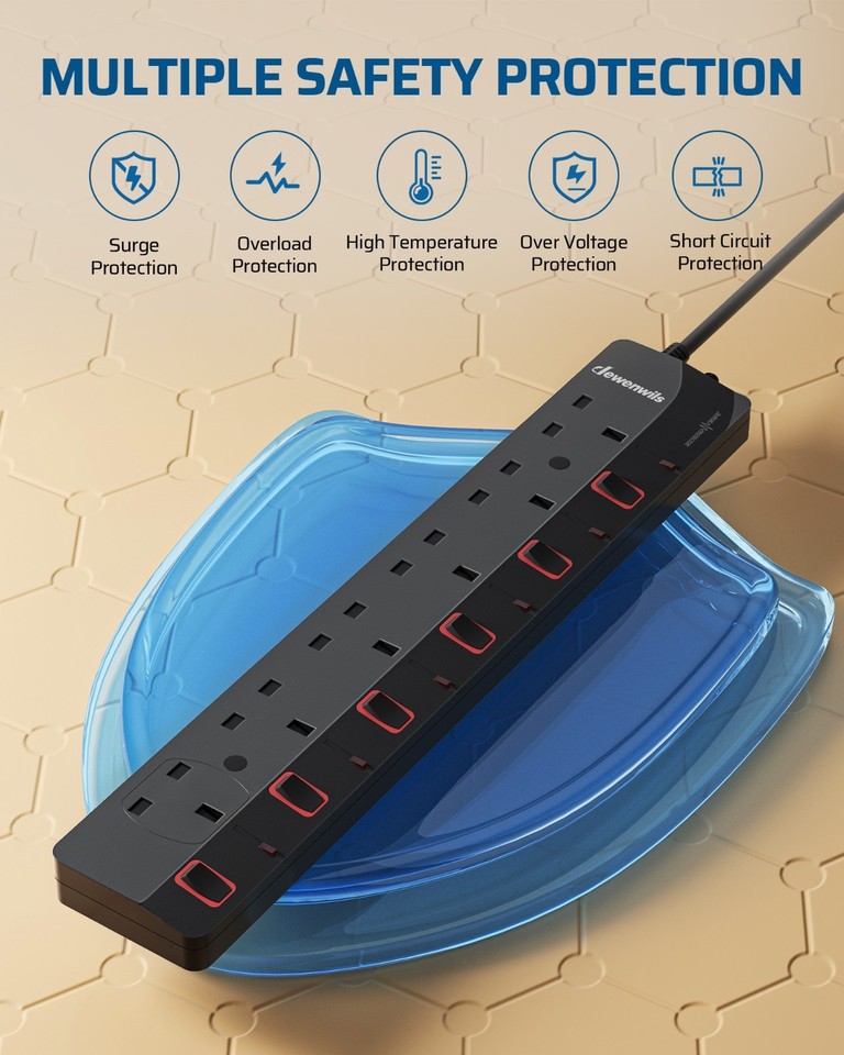 DEWENWILS 6 Way Surge Protected Extension Lead Extension Cable 3M ...