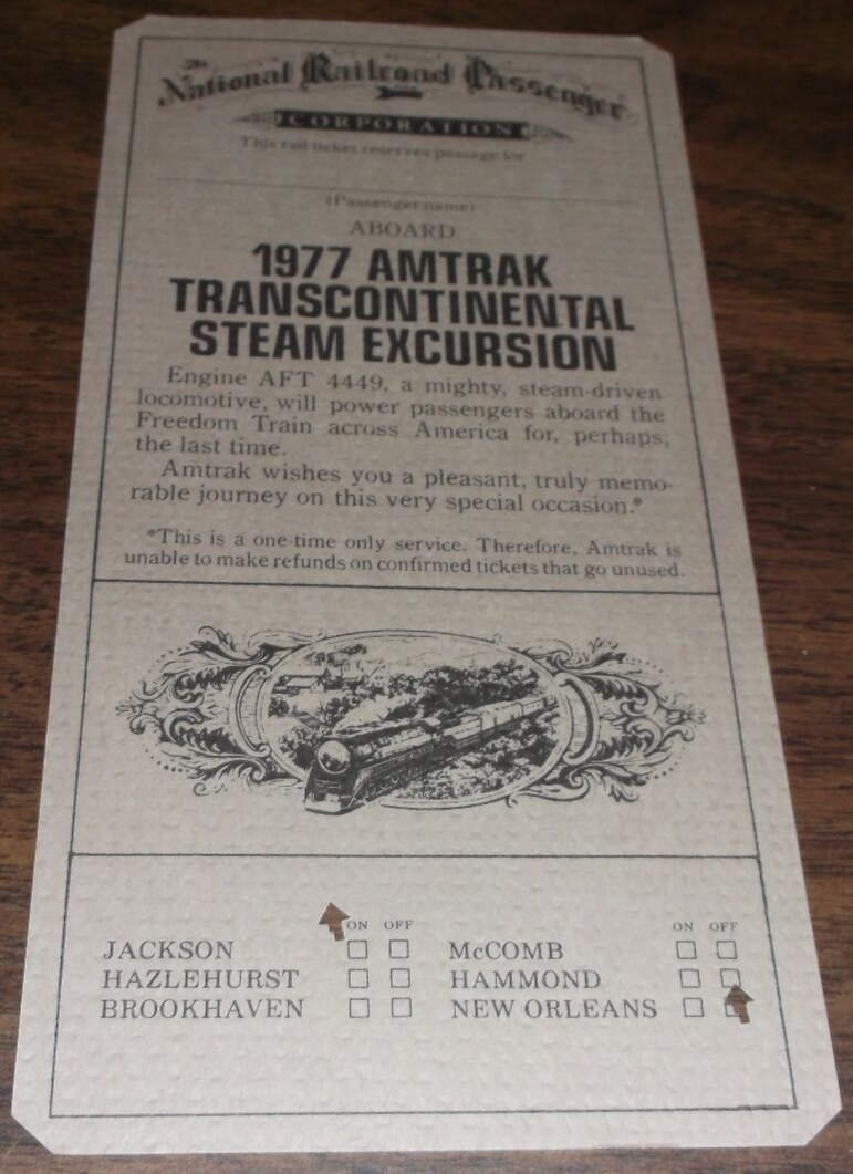 1977 AMTRAK AFT 4449 TRANSCONTINENTAL STEAM EXCURSION SOUVENIR TICKET B ...