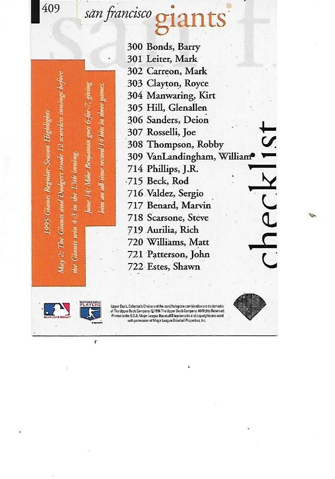 Barry Bonds 1996 Upper Deck San Francisco Giants Baseball Checklist ...