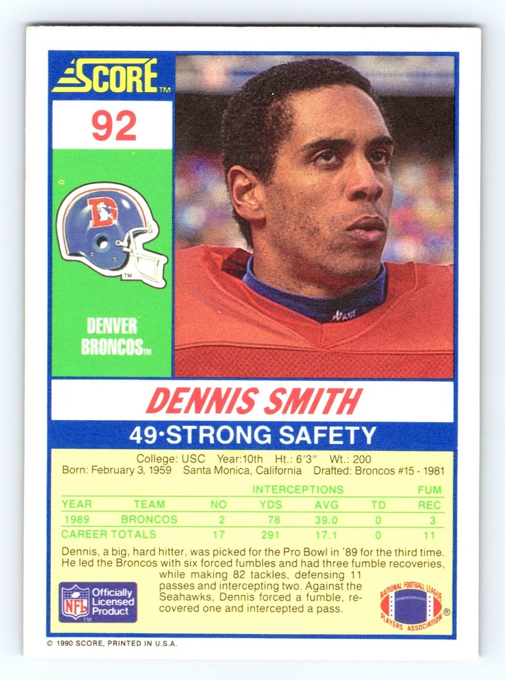 1990 Score #92 Dennis Smith Denver Broncos | eBay