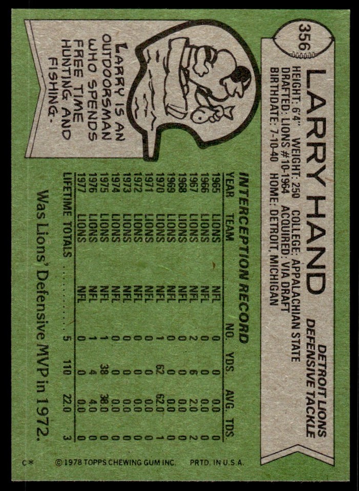 1978 TOPPS LARRY HAND K DETROIT LIONS #356 | eBay
