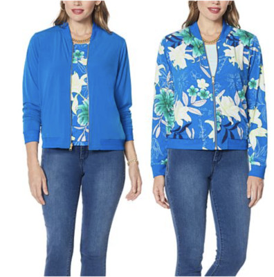 NEW IMAN Chic PLUS SZ 5X Reversible Stretch Knit Bomber FLORAL Jacket ...