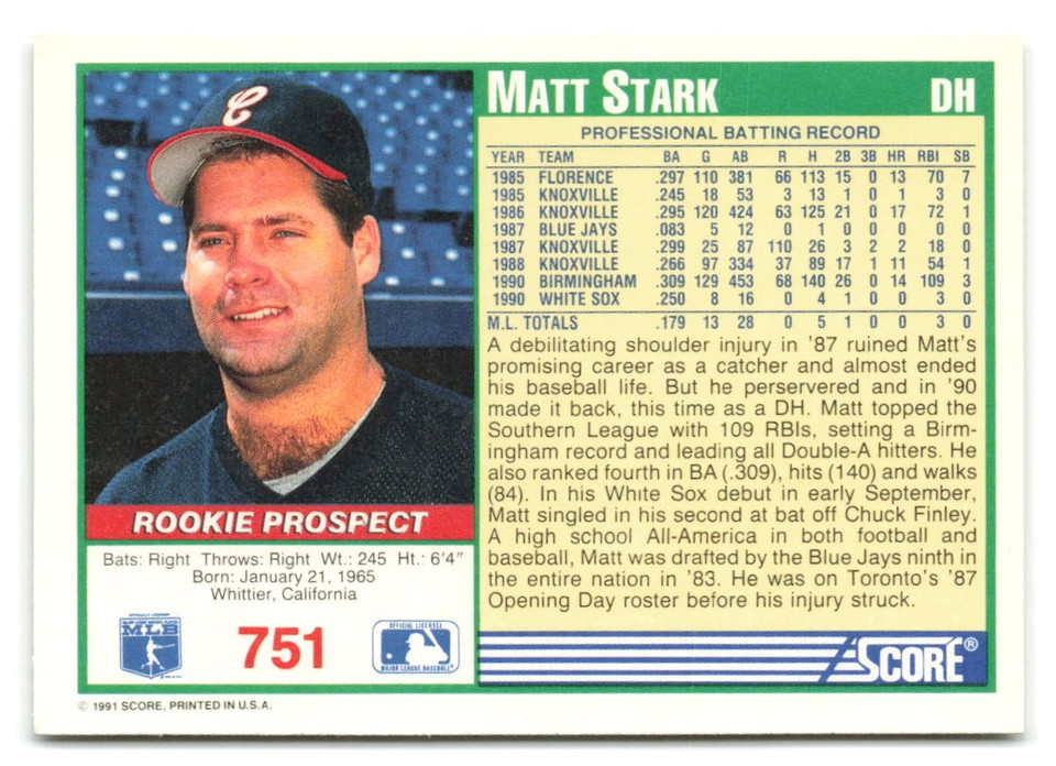 1991 Score Matt Stark Rookie #751 Chicago White Sox BASEBALL Card | eBay