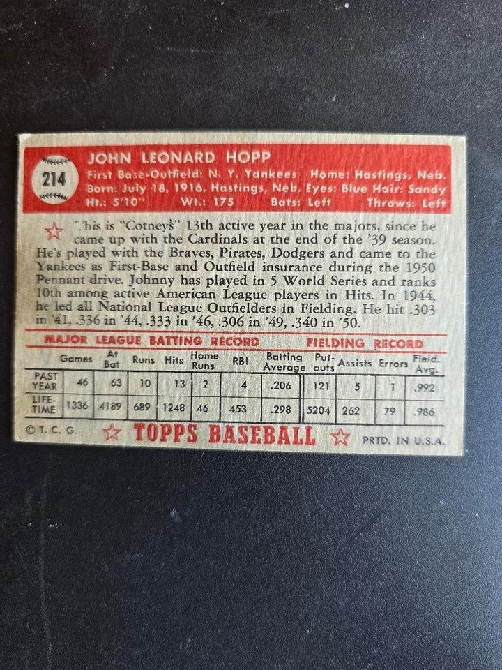 1952 Topps #214 Johnny Hopp EX- (ST) New York Yankees Outfielder | eBay