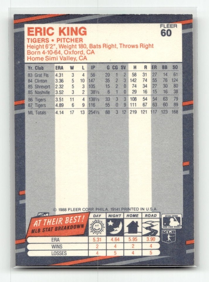 1988 Fleer Baseball Card Eric King Detroit Tigers #60 | eBay