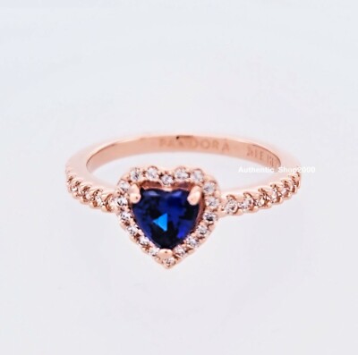 100% Authentic PANDORA Rose Gold Sparkling Blue Elevated Heart Ring ...
