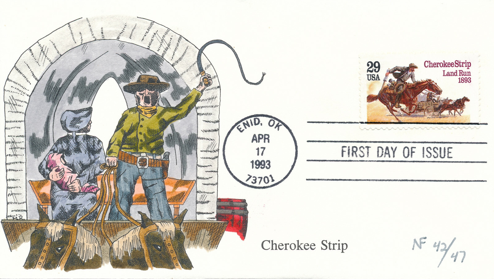 NEAL FAIRCLOTH HAND-PAINTED FDC UN-SIGNED ON BACK - CHEROKEE STRIP #42/ ...