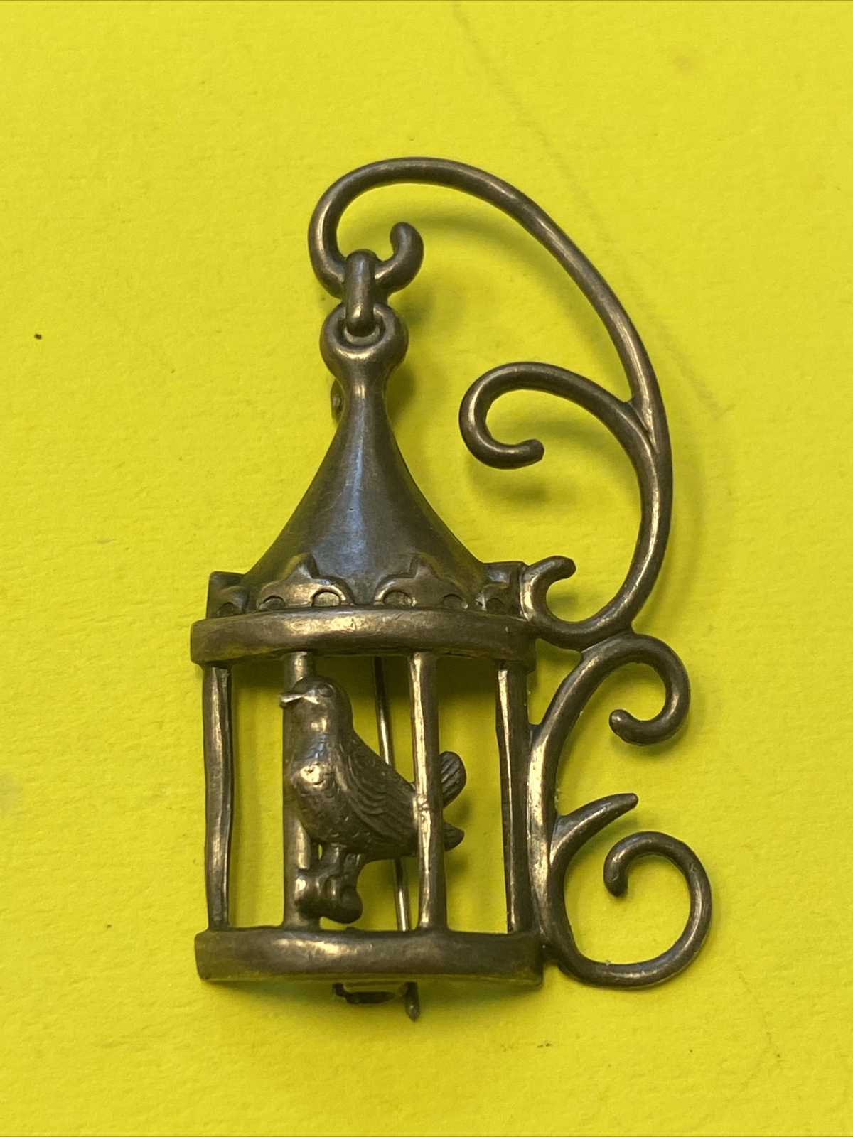 STERLING Art Nouveau LANG Bird Cage PIN Brooch Arts A… - Gem
