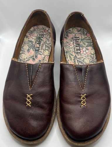 Born Womens Brown Leather Round Toe Cross Stitch Slip On Comfort Loafer ...