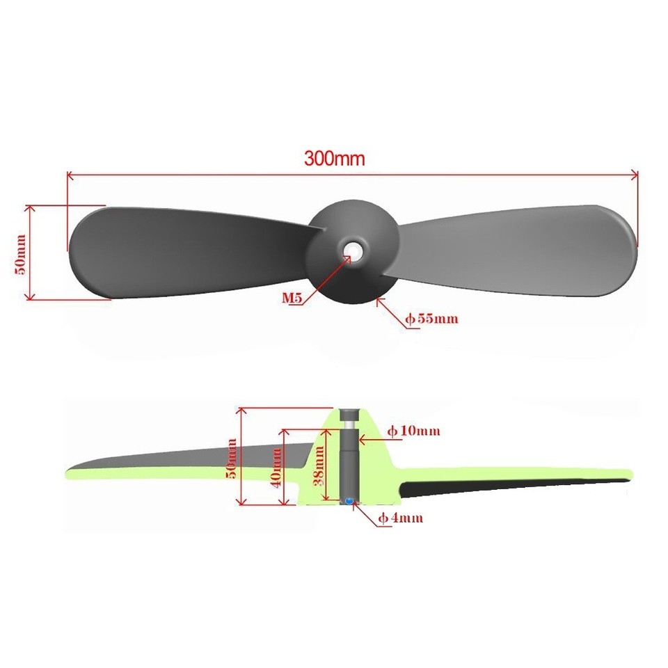 Plastic Propeller for Kayak 5 mm Shaft Bore 300 x 50 mm Balanced Design ...
