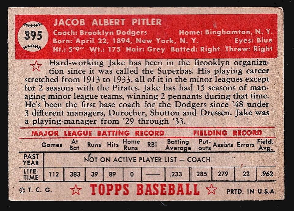 1952 Topps #395 JAKE PITLER, VG-VG+ - Brooklyn Dodgers - High Hi # 3 4 ...