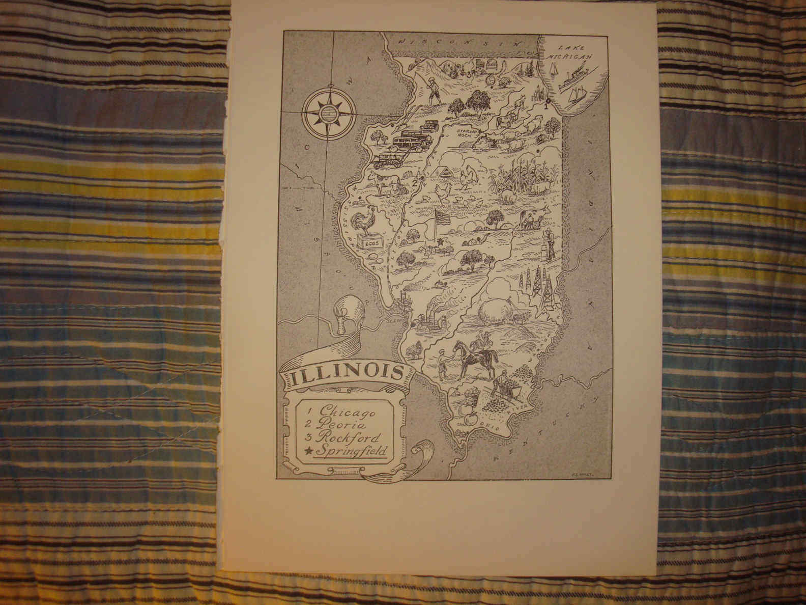 ANTIQUE 1951 ILLINOIS CARTOON PICTORIAL MAP CHICAGO PEORIA ROCKFORD ...