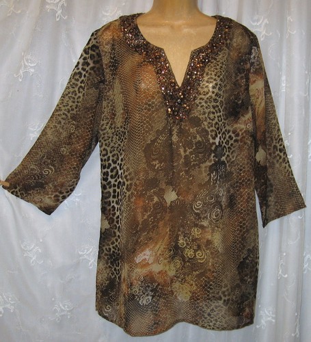 NEW SZ 2 CHICO'S SEMI SHEER V-NECK BEATED SEQUIN ANIMAL PRINT TUNIC TOP ...