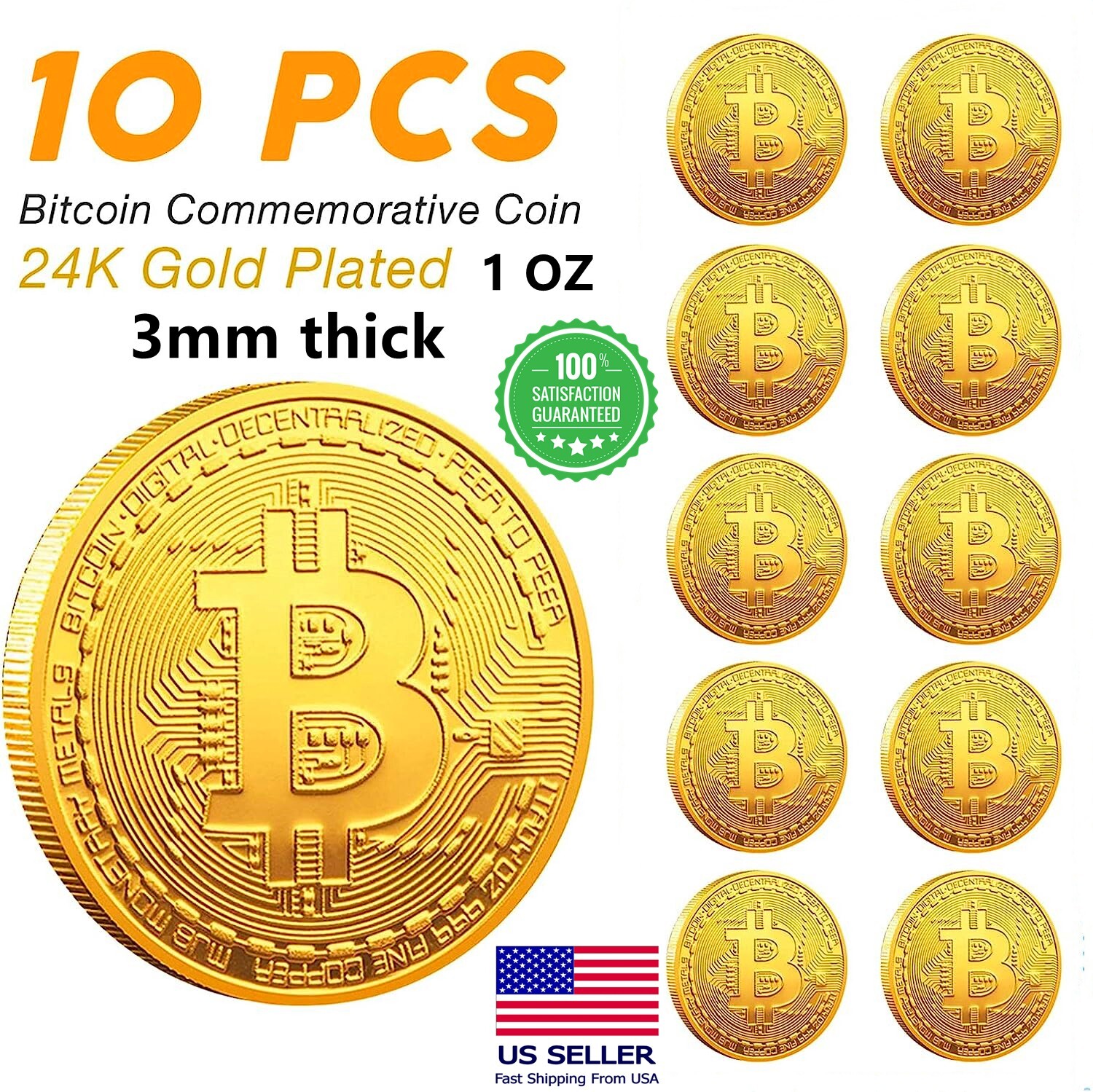 10Pcs Physical Bitcoin Commemorative Coin Gold Plated Collectible 1 oz ...