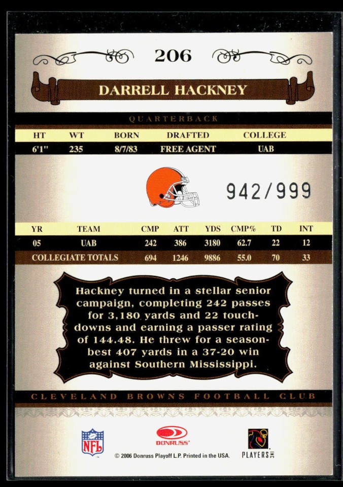 Darrell Hackney 2006 Donruss Classics #206 Rookie Auto RC, AU, SN999 | eBay