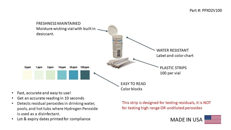 Hydrogen Peroxide H2O2 Test Strips, Low Level, 0-100 ppm [Vial of 100 ...