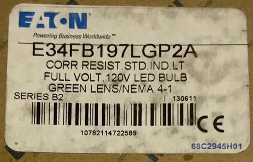EATON E34FB197LGP2A 120 VAC Green LENS LED E34 Indicating Pilot Light ...