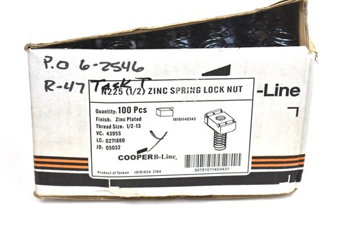 COOPER B-LINE N225 ZINC PLATED SPRING LOCK NUTS 1/2-13 THREAD Qty 100 ...
