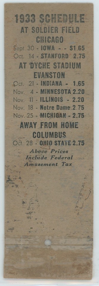 1933 Northwestern University Football Schedule Dyche Stadium Soldier ...