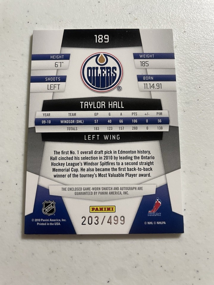 2010-11 Panini Certified freshman fabric Taylor Hall Rookie Auto 452/ ...